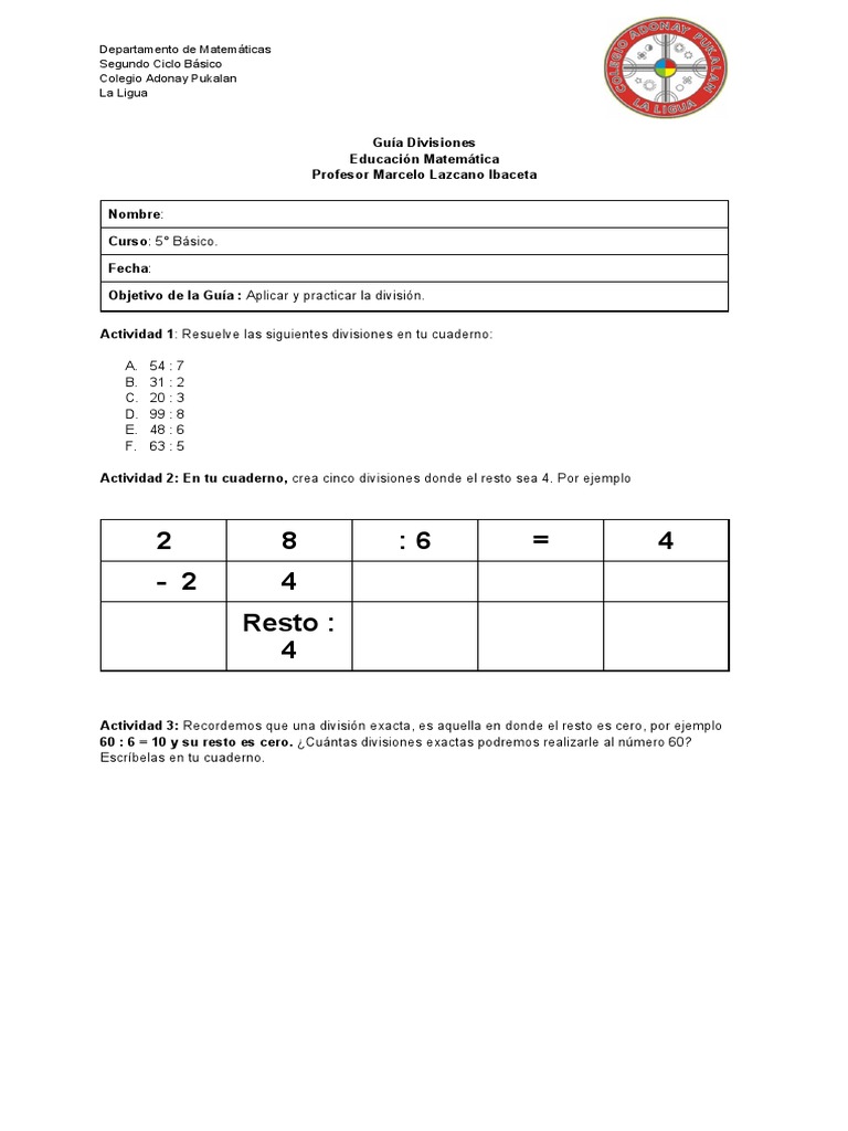 Guía Práctica Divisiones 5° Básico | PDF
