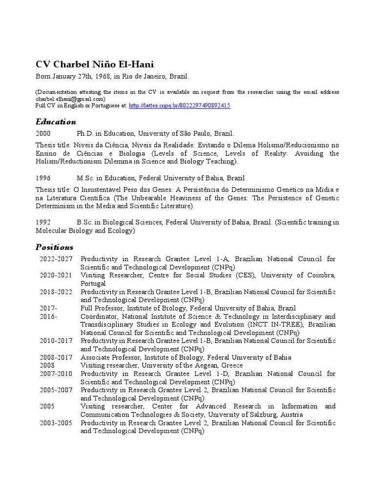 CV Charbel Niño El-Hani: Education | PDF | Science | Pragmatism