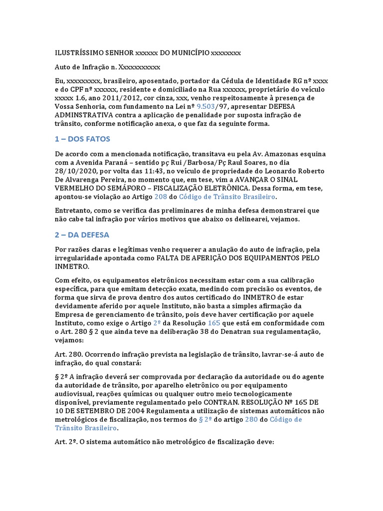 Modelo de Defesa Contra Multa de Transito Radar | PDF