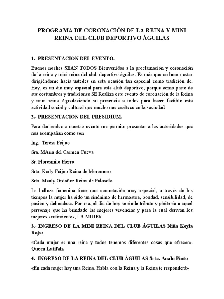 Programa de Coronación de La Reina y Mini Reina Del Club Deportivo ...