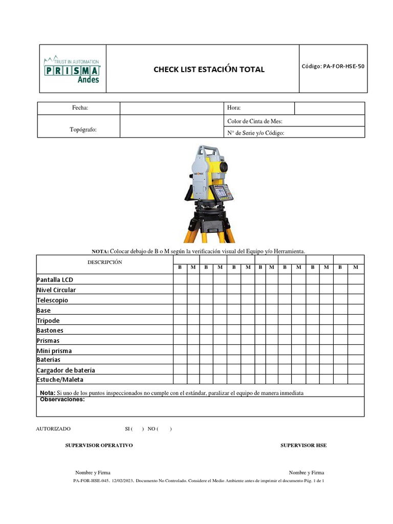 Pa-For-Hse-050. Check List Estación Total | PDF