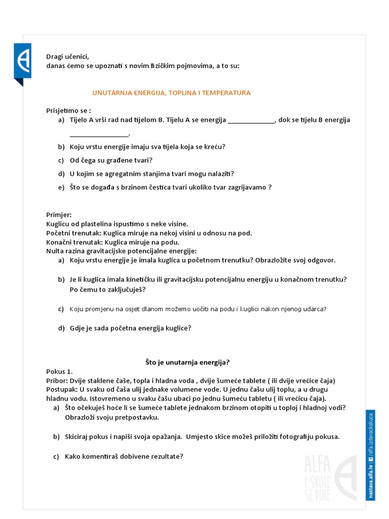 Unutarnja Energija, Toplina I Temperatura | PDF