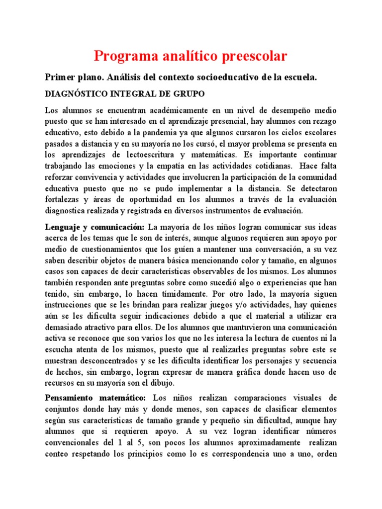 Programa Analitico Preescolar Propuesta Actualizada | PDF | Aprendizaje ...