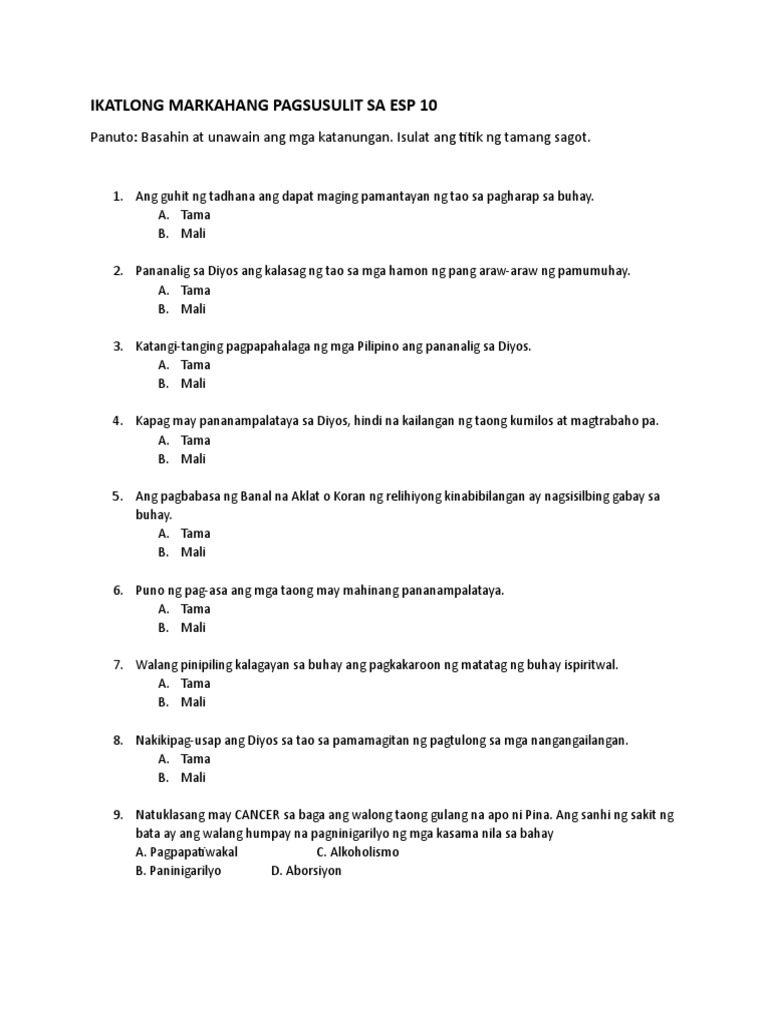Ikatlong Markahang Pagsusulit Sa Esp 10 | PDF