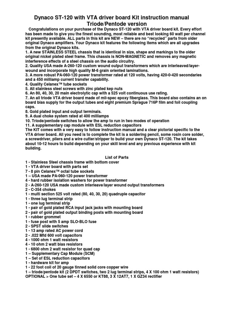 Dynaco ST 120 With Vta Driver Board Kit Instruction Manual | PDF