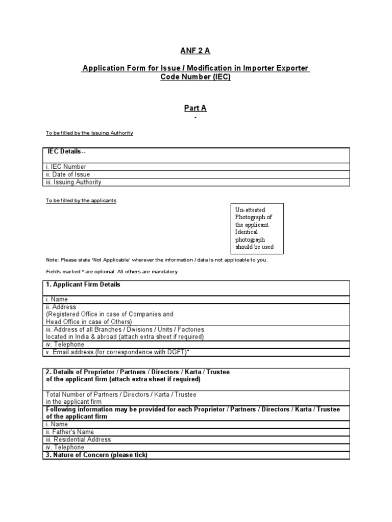 Anf 2 A Application Form For Issue / Modification in Importer Exporter ...