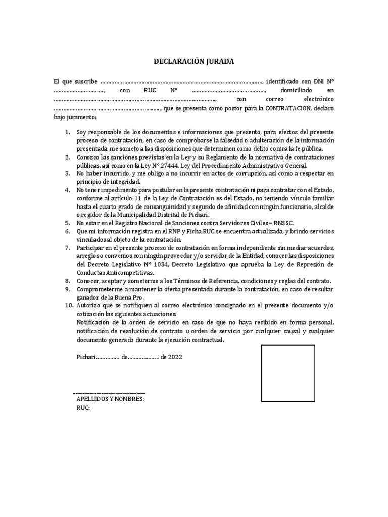 DECLARACIÓN JURADA MDP Proveedor de Servicios | PDF