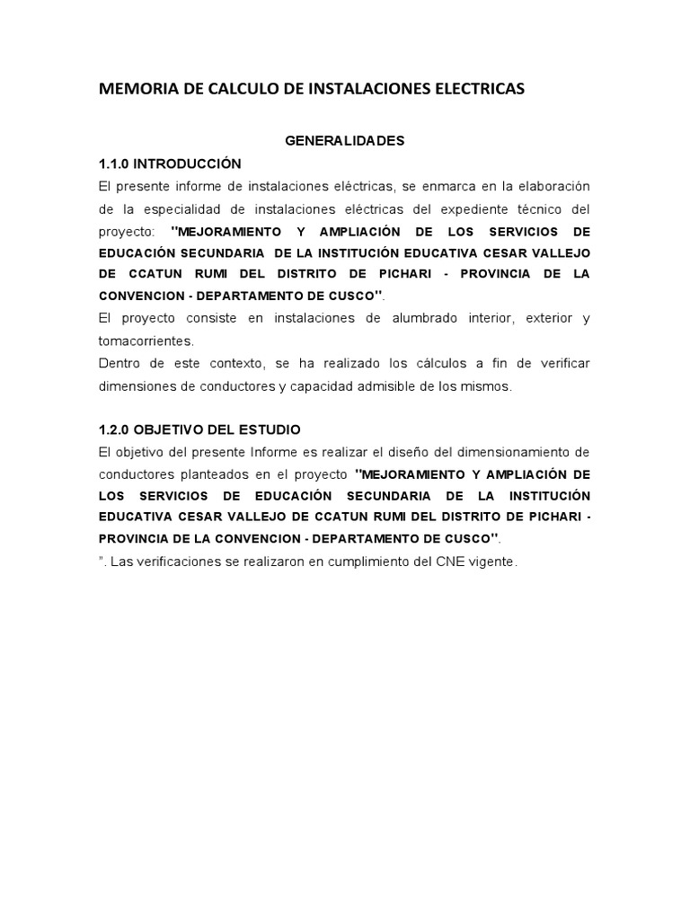 Memoria de Calculo de Instalaciones Electricas | PDF | Cableado ... Memoria de Calculo de Instalaciones Electricas | PDF | Cableado ...