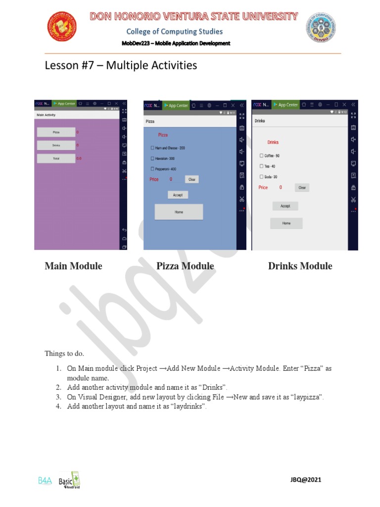 Lesson 7 Multiple Activities Main Module Pizza Module Drinks Module Pdf Boolean Data 5070