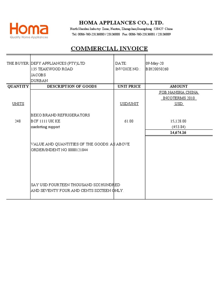 Commercial Invoice: Homa Appliances Co., LTD | PDF | Private Law | Trade