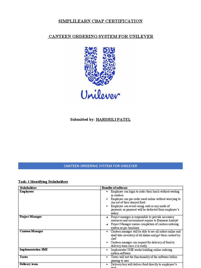 Simplilearn Cbap Certification Canteen Ordering System For Unilever | PDF | Payroll | Computing