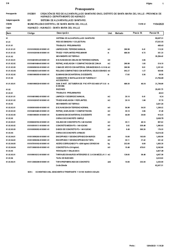 Presupuesto - N | PDF | Hormigón | Ingeniero civil