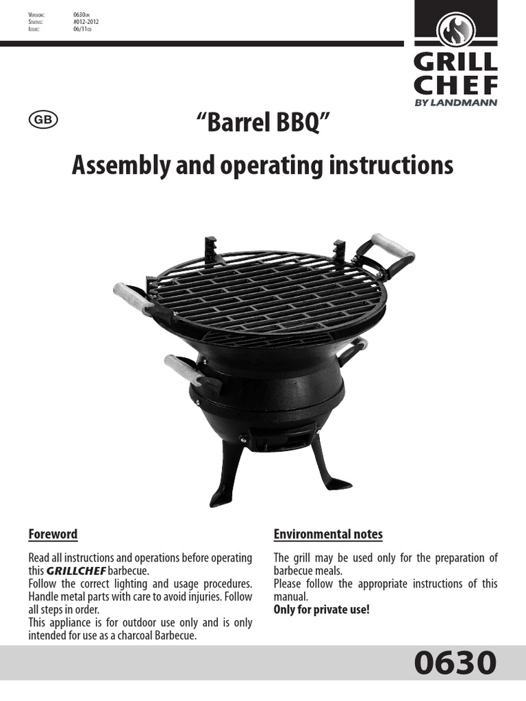 0630 Cast Iron Barbecue Instruction Manual | PDF | Barbecue Grill | Screw