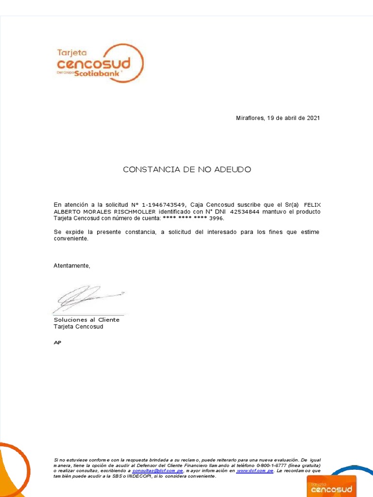 PDF Carta No Adeudo de Cencosud | PDF