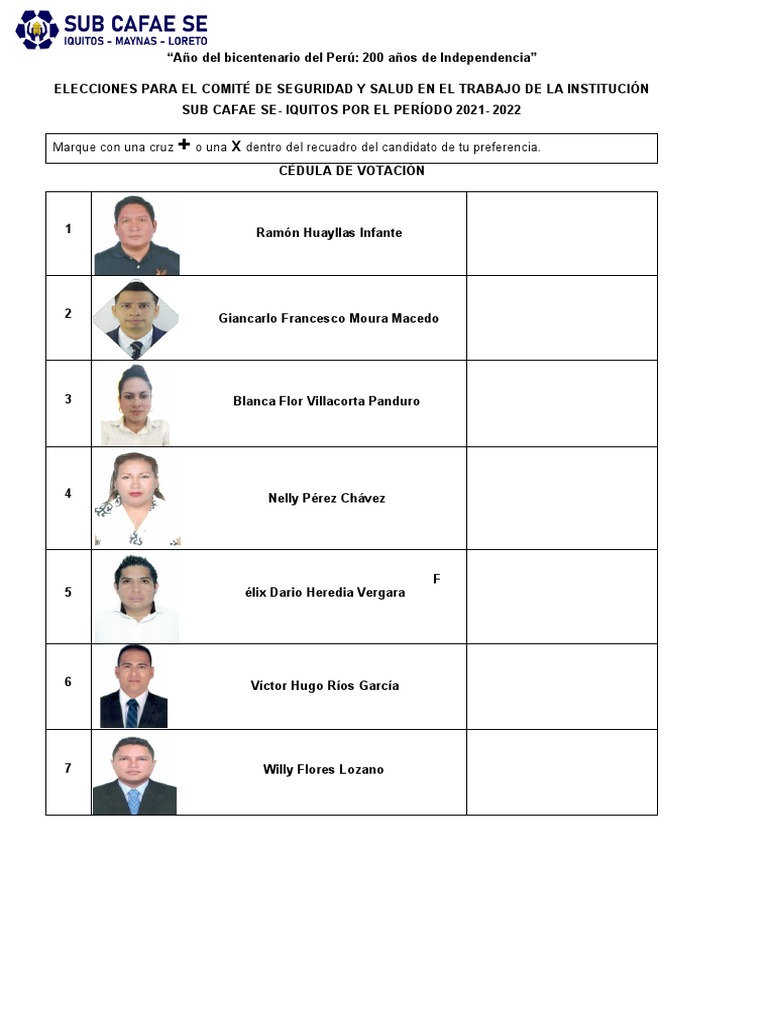 Elecciones para el Comité de Seguridad y Salud en el Trabajo de la Institución Sub Cafae SE ...
