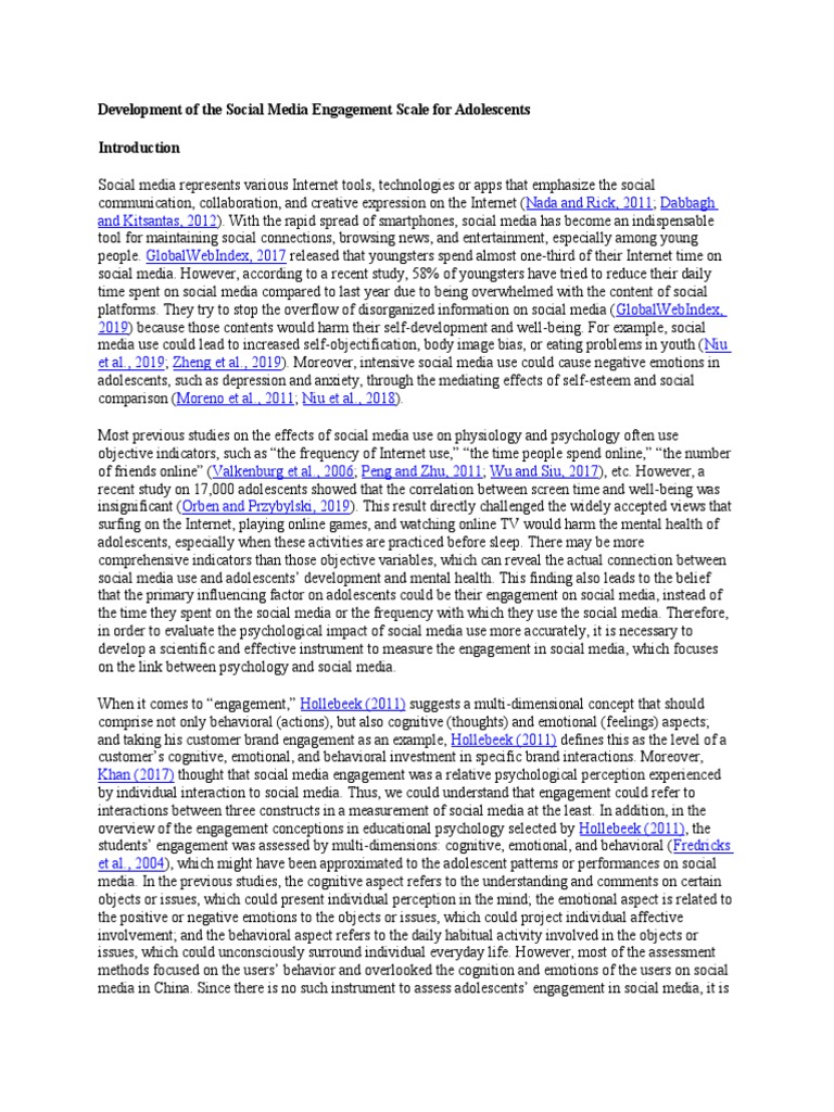 Development of The Social Media Engagement Scale For Adolescents | PDF ...