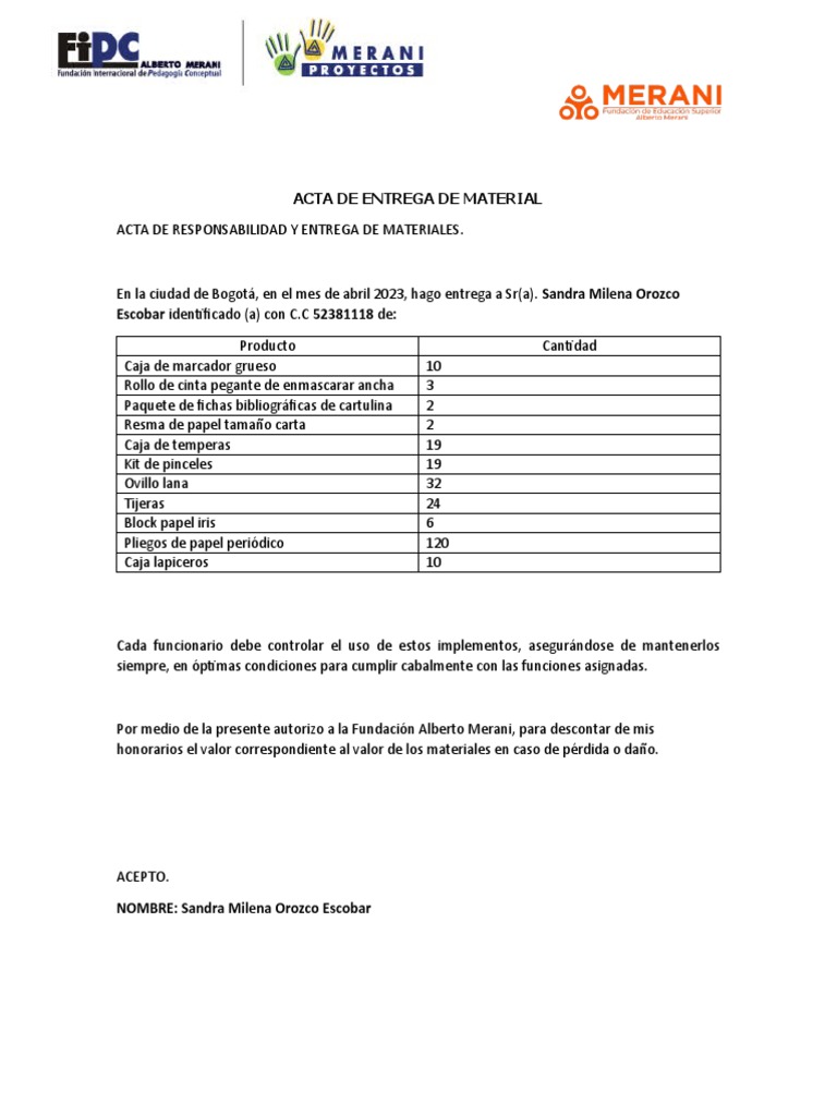 Acta de Entrega de Material | PDF