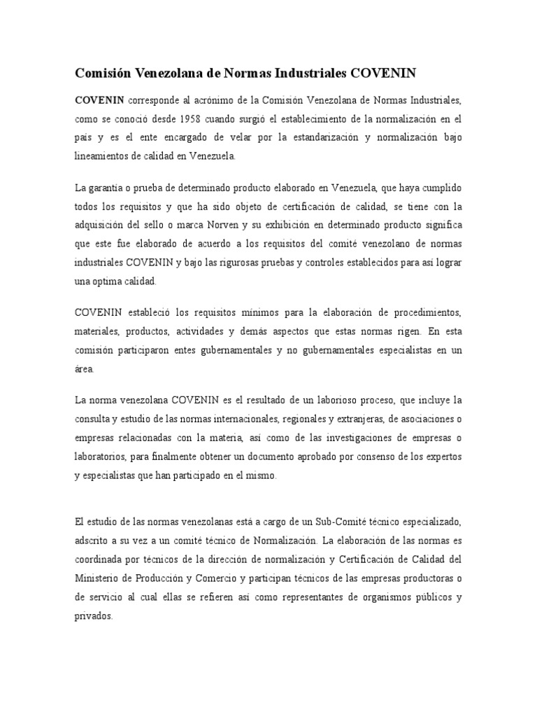 COVENIN | PDF | Calidad (comercial) | Venezuela