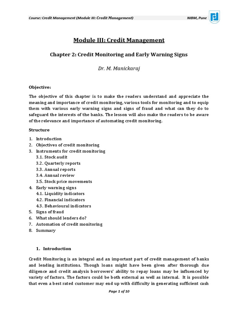 Credit Monitoring and Early Warning Signals | PDF | Loans | Finance ...