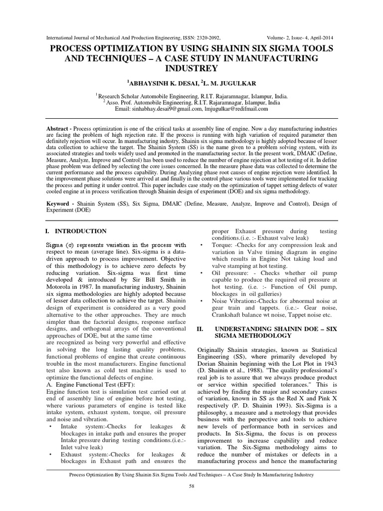 Process Optimization by Using Shainin Six Sigma Tools and Techniques - A Case Study in ...