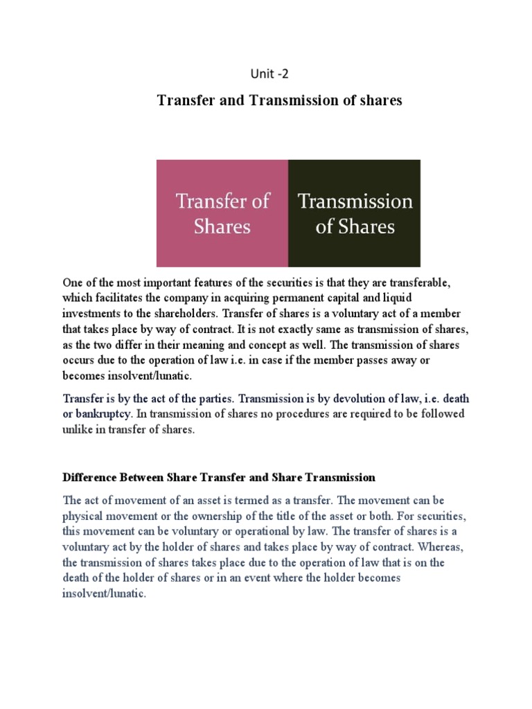 Transfer and Transmission of Shares | PDF | Consideration | Securities ...