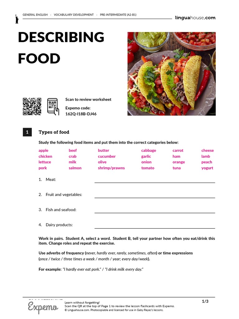 describing-food-american-english-teacher-ver2-bw | PDF | Noun | Plural