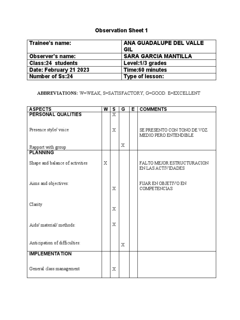 Observation Sheet para Practicas de Ingles | PDF