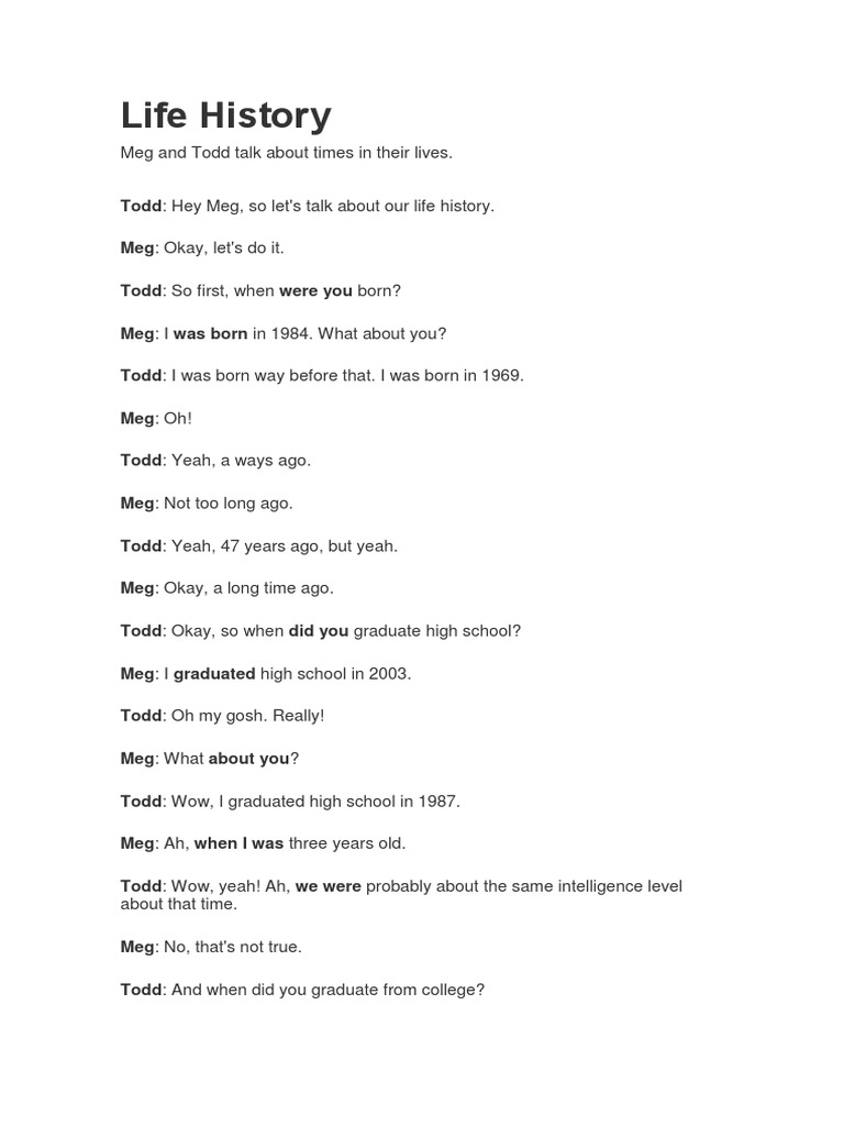 Life History - SCRIPT - PAST TENSE | PDF