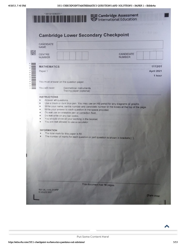 2021 CHECKPOINT MATHEMATICS QUESTIONS AND SOLUTIONS - PAPER 1 - EdMaths ...