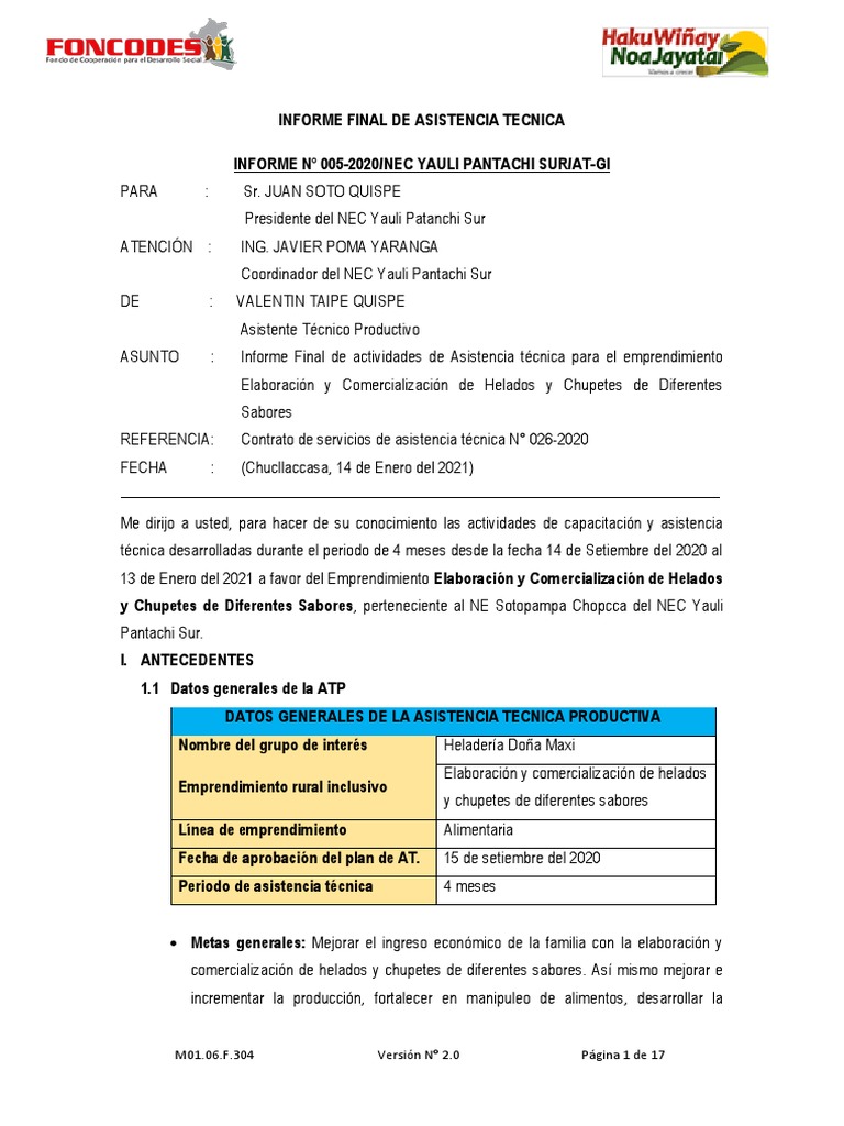 Informe final sobre la asistencia técnica brindada para el emprendimiento de elaboración y venta ...