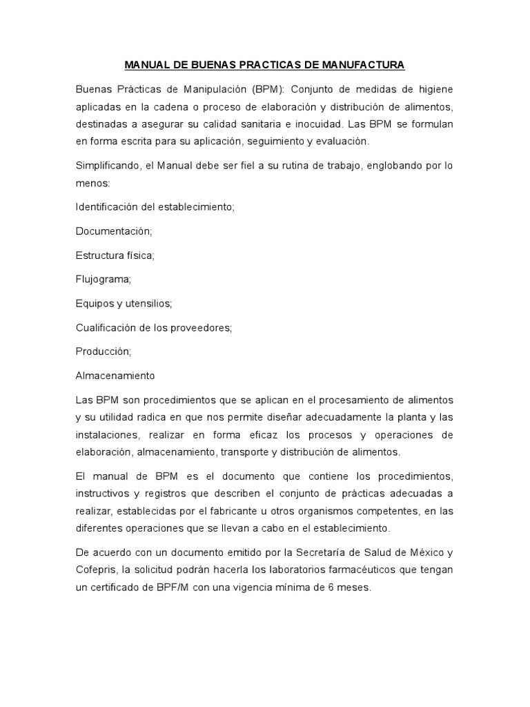 Manual de Buenas Practicas de Manufactura | PDF