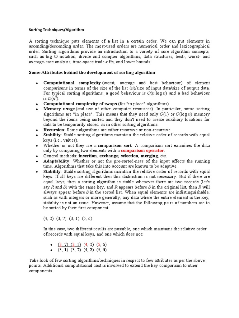 Lecture Sorting Techniques Pdf Computer Science Computing
