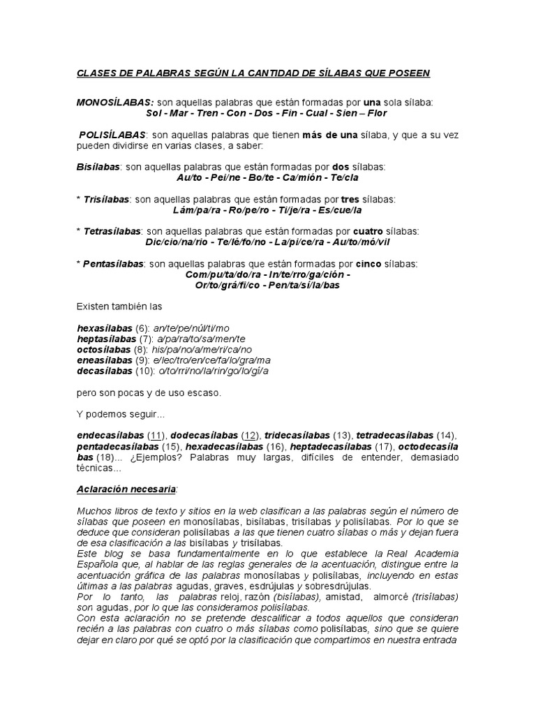 Palabras Según La Cantidad de Sílabas | PDF | Comunicación humana ...