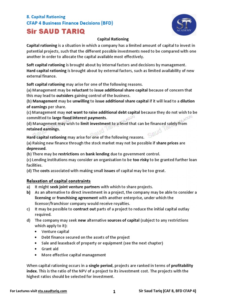 Class Notes Capital Rationing Sir Saud Tariq St Academy Pdf Net