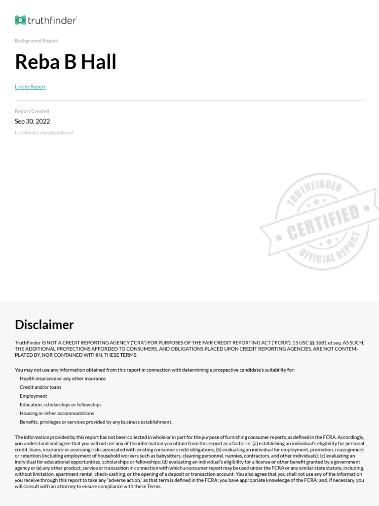 RebaBHall TruthfinderReport | PDF | Crimes | Crime & Violence