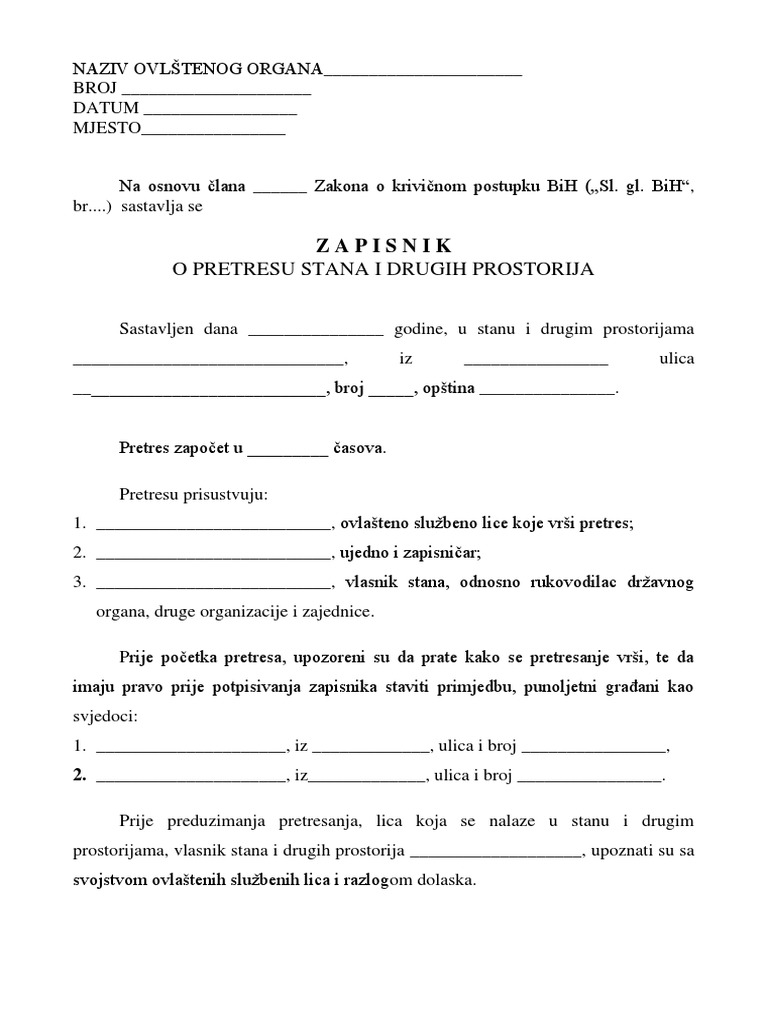 Ogledni Primjer Zapisnika o Pretresanju | PDF