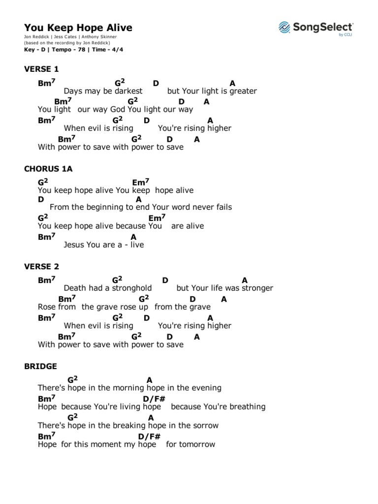 You Keep Hope Alive - SongSelect Chart in D | PDF