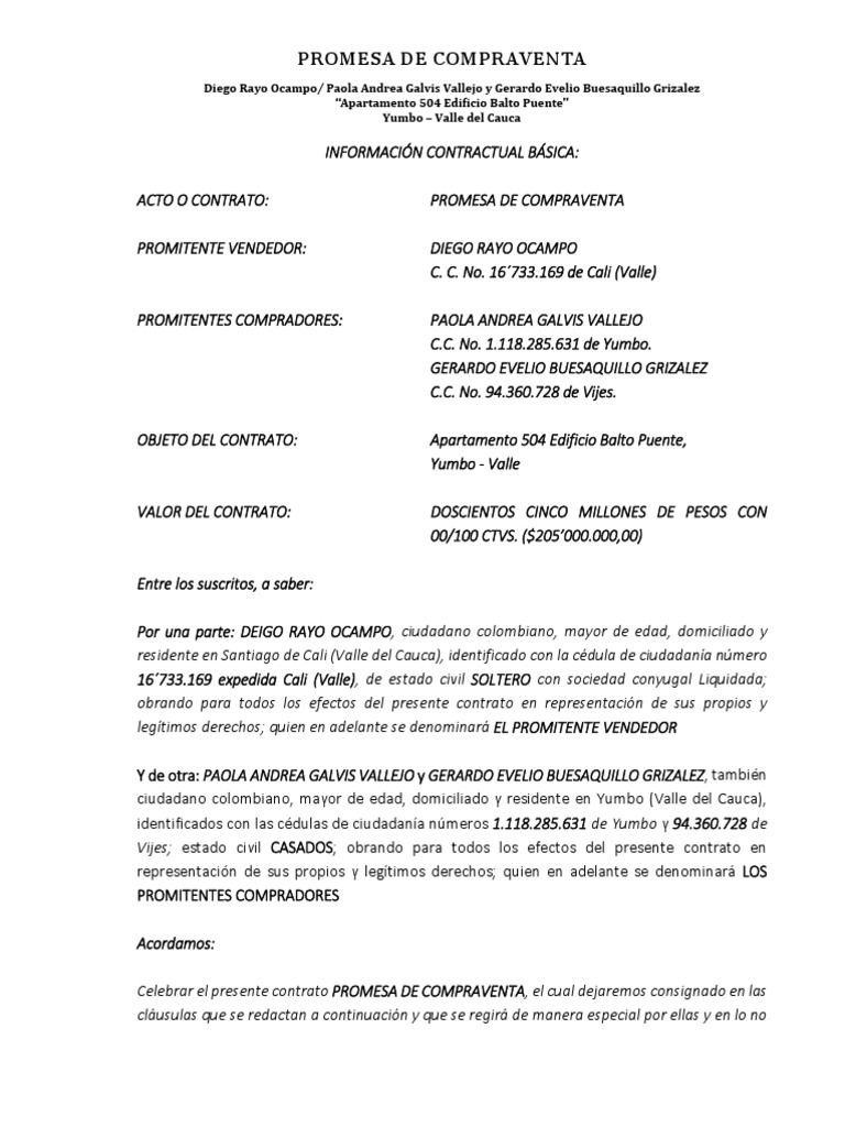 PROMESA COMPRA-VENTA APTO BALTO PUENTE Apto. 504 | PDF | Propiedad | Conceptos legales