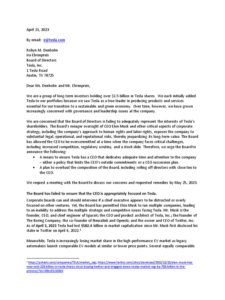 TSLA 23 Board Letter FINAL | PDF TSLA 23 Board Letter FINAL | PDF