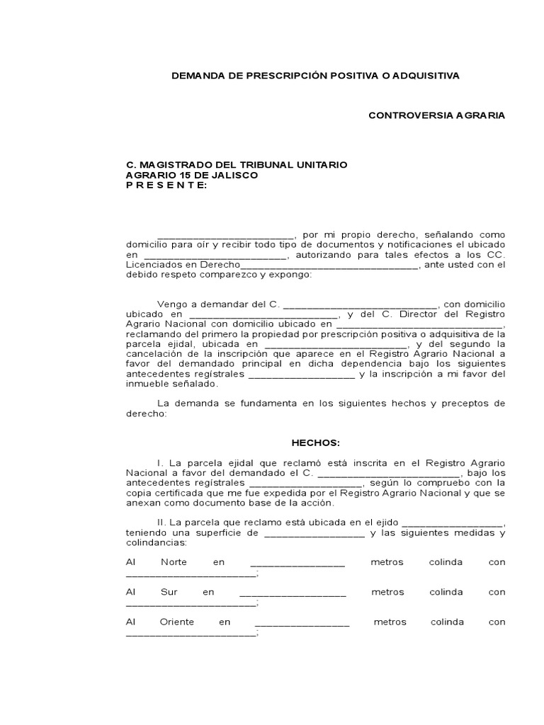 Agraria Demanda de Prescripción Positiva o Adquisitiva | PDF | Demanda ...