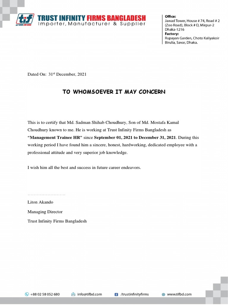 Experience Certificate Trust Infinity Firms BD | PDF | Business