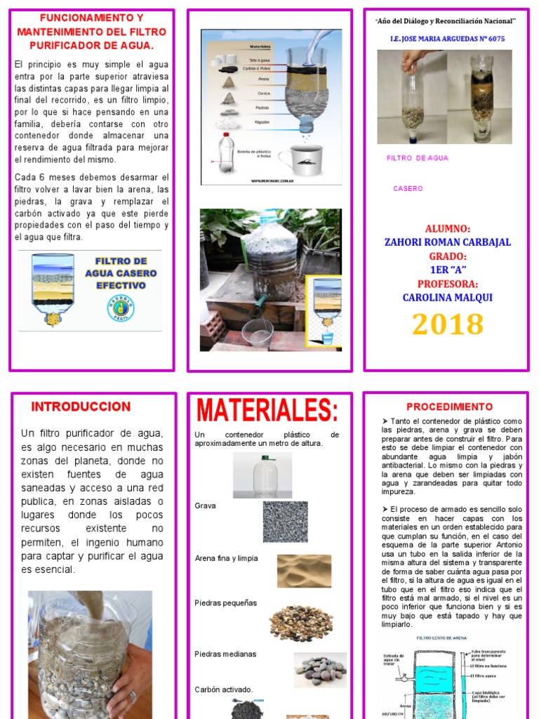 Triptico de EXPERIMENTO Filtro de Agua Casero | PDF | Agua | Ciencias fisicas