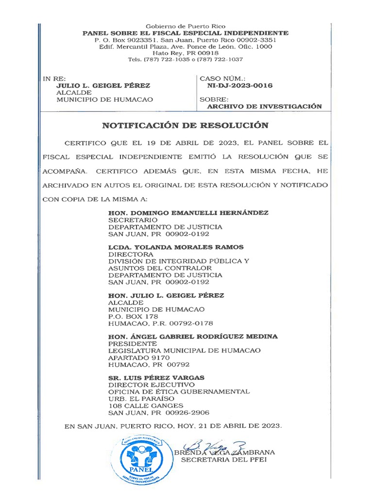 Resolución Del Panel - Alcalde de Humacao, Julio Geigel Pérez | PDF ...