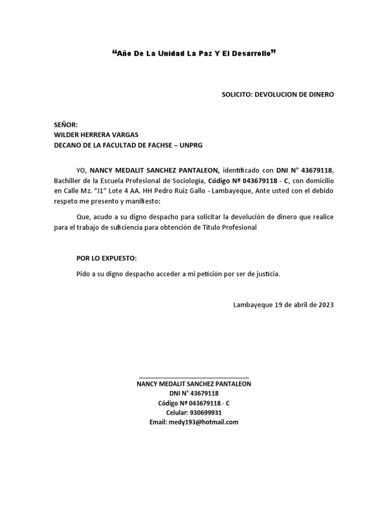 Solicito: Devolucion de Dinero: Año de La Unidad La Paz Y El Desarrollo | PDF