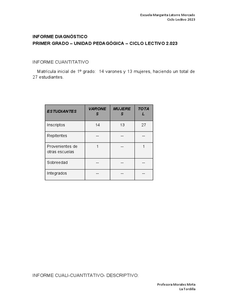 INFORME DIAGNÓSTICO de Primer Grado 2023-1 | PDF