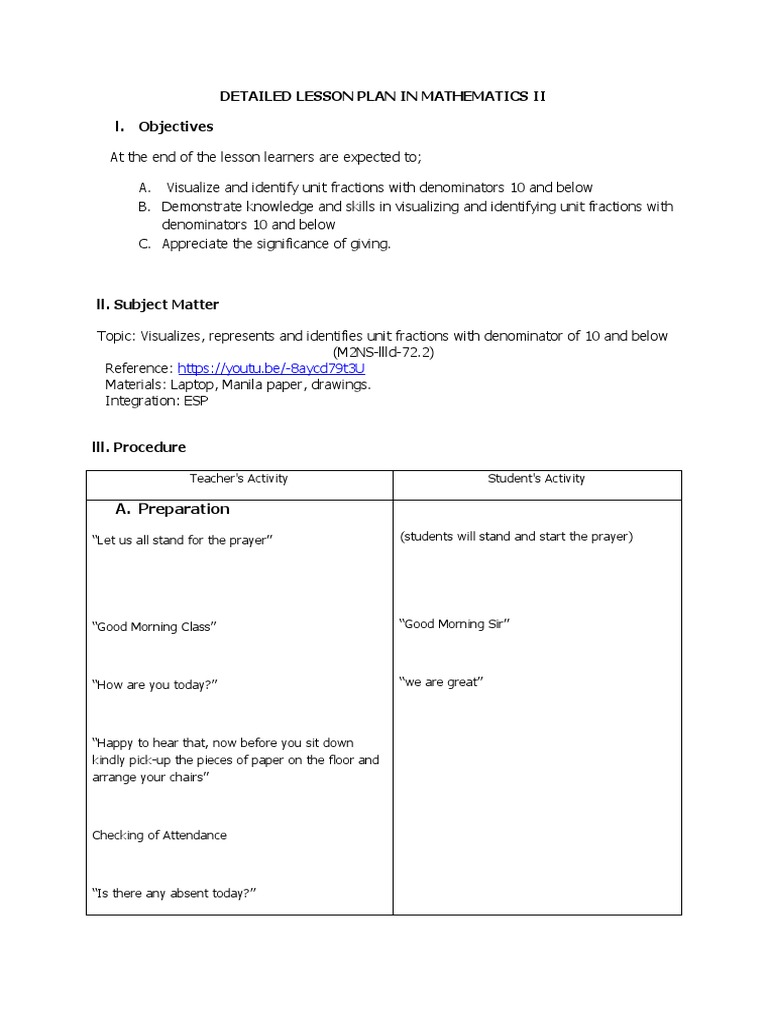 Lesson Plan-Math Unit Fraction | PDF