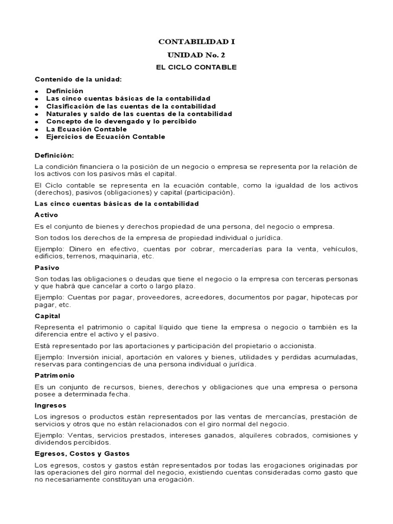Contabilidad I Unidad No. 2: El Ciclo Contable Contenido de La Unidad ...