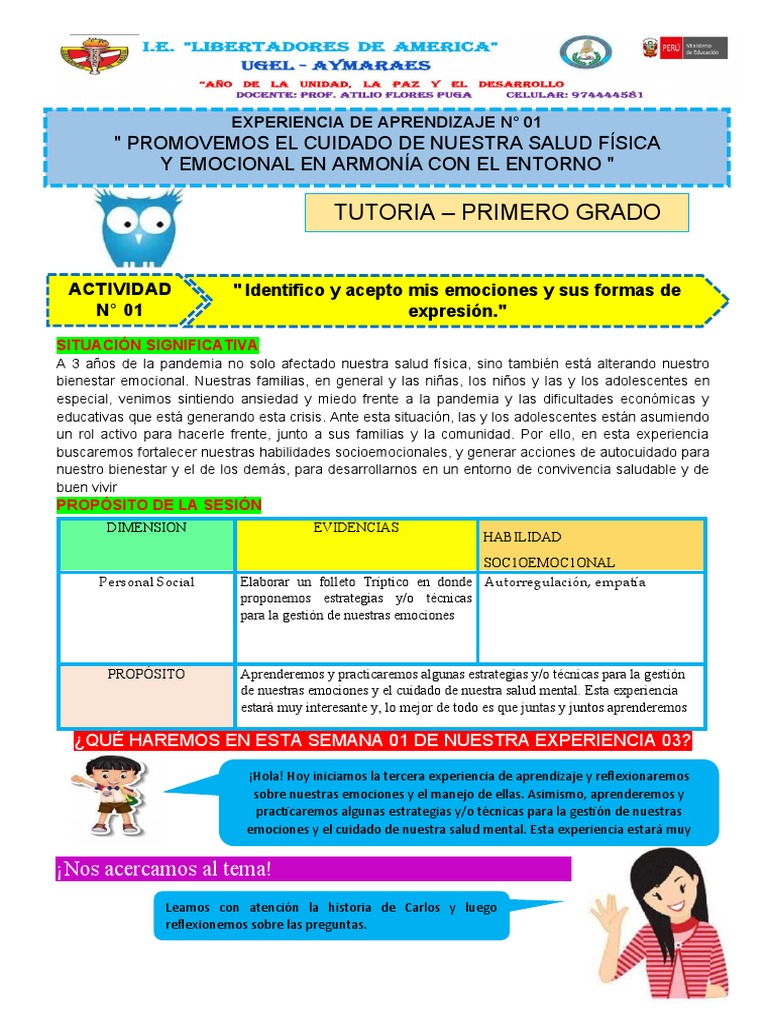 Experiencia de Aprendizaje 01 - Actividad 01 - 1ero y 2do - 2023 - Tutoria. | PDF | Las ...