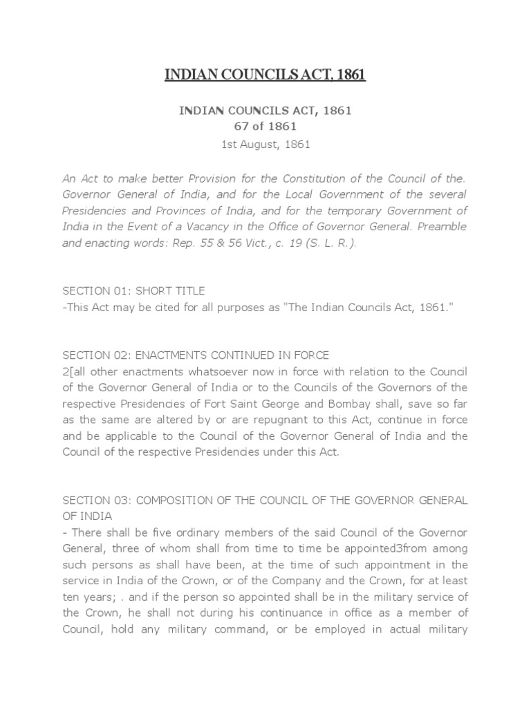 Indian Councils Act, 1861 | PDF | Royal Assent | Act Of Parliament