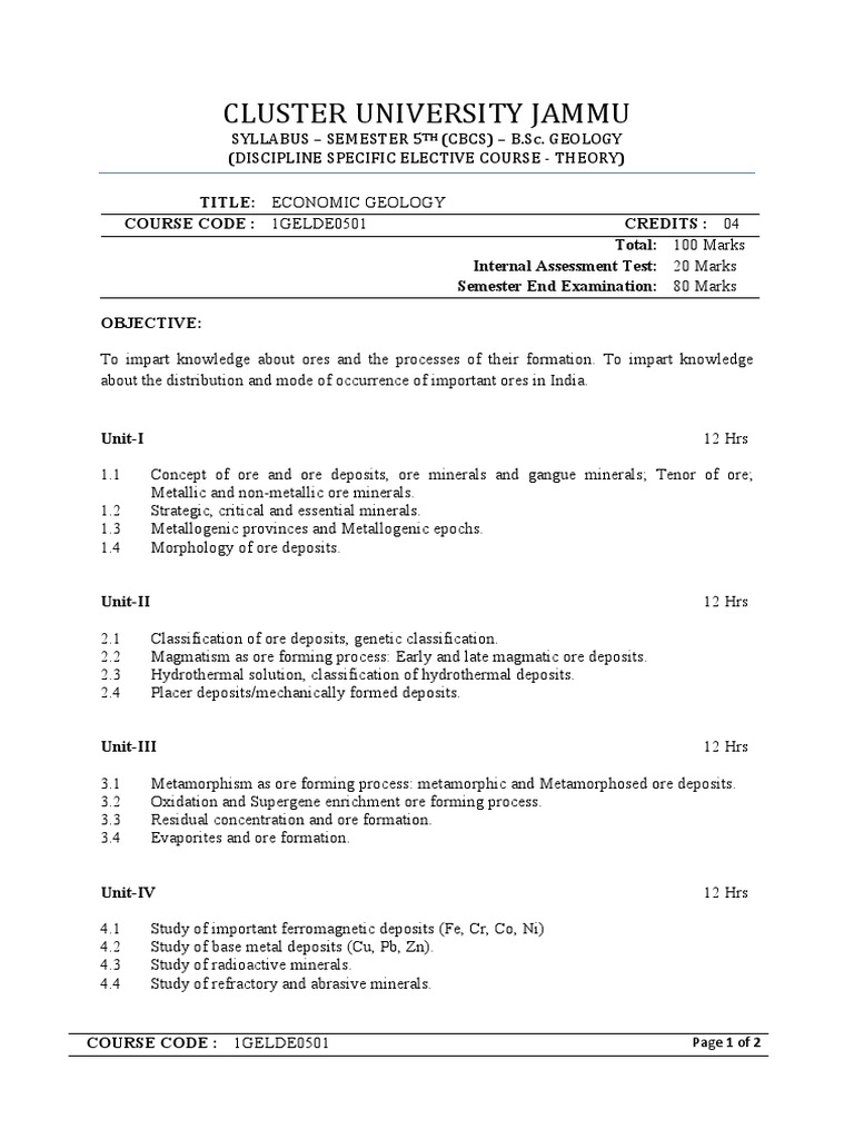 5th Sem Syllabus Geology | PDF | Ore | Minerals